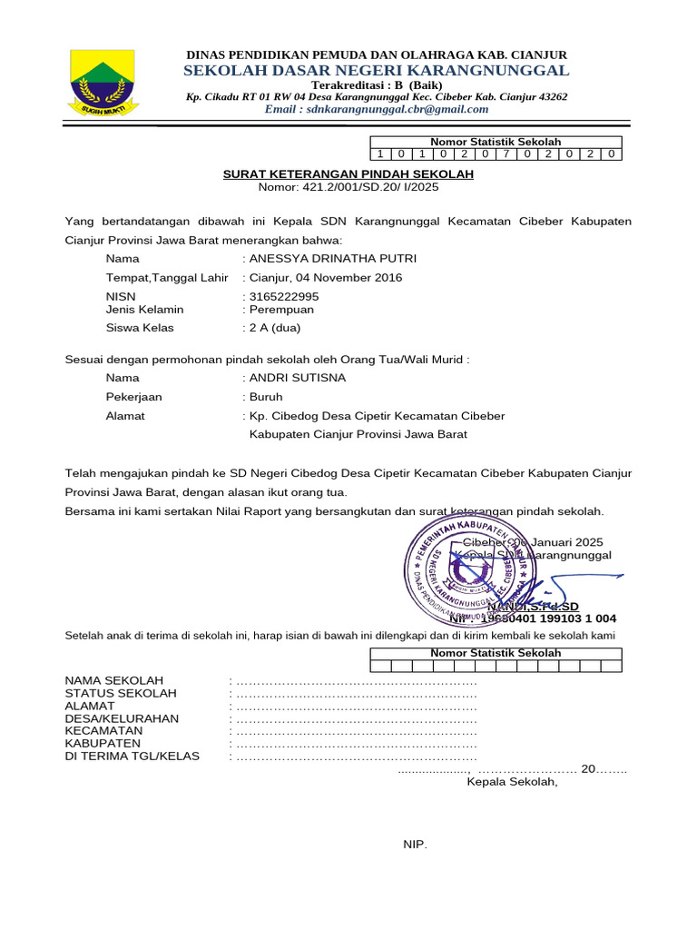 Surat Pindah sekolah+NISN | PDF
