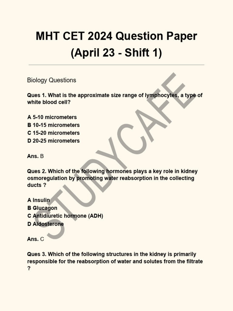 MHT CET 2024 Biology & Physics Questions | PDF | Biochemistry | Chemistry