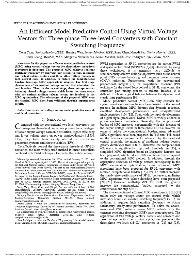 An Efficient Model Predictive Control Using Virtual Voltage Pdf Electrical Engineering