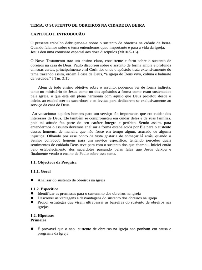 TEMA - Docx O SUSTENTO DE OBREIROS NA CDADE DA BERIRA | PDF | Deus | Jesus