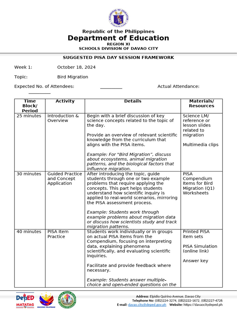 PISA Day Session: Bird Migration Framework | PDF | Programme For ...