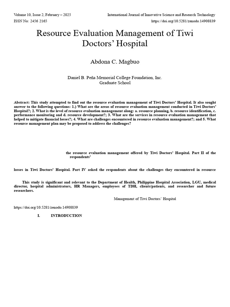 Resource Management at Tiwi Doctors' Hospital | PDF | Evaluation ...