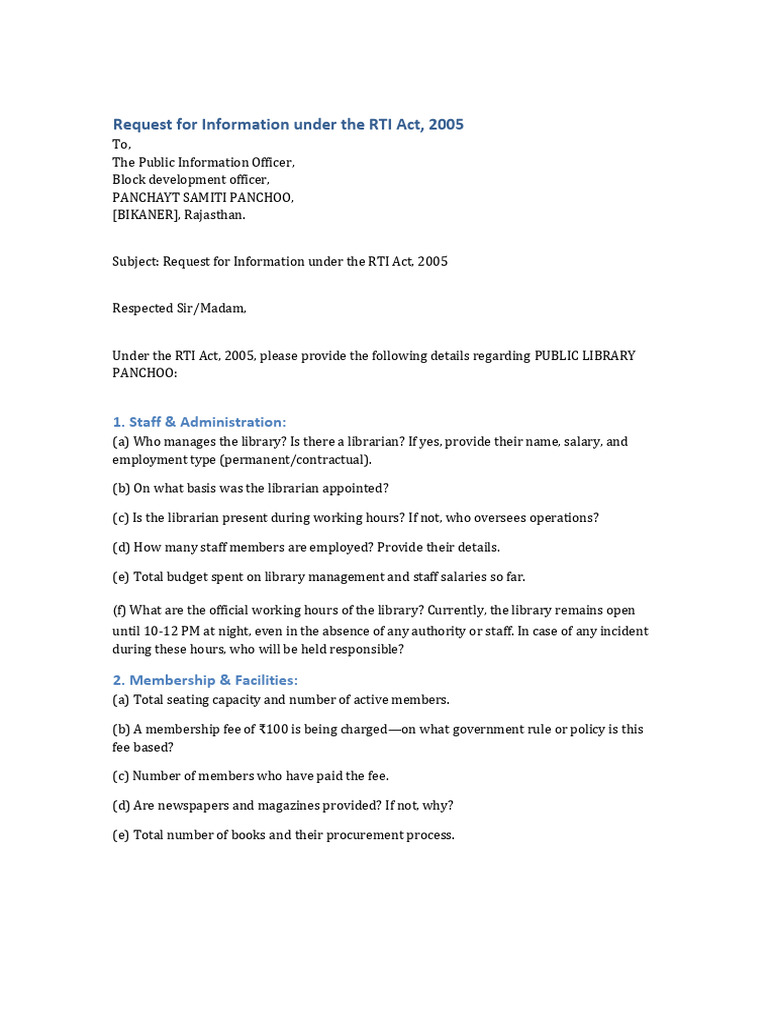 RTI Request for Panchoo Library Details | PDF