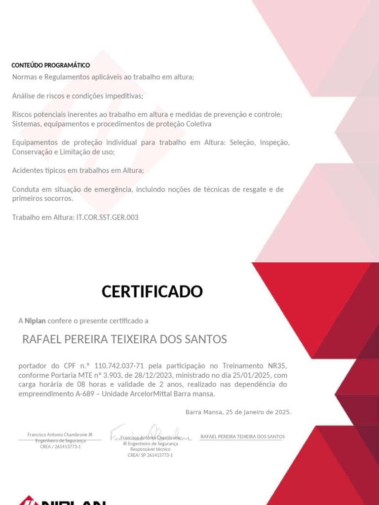 Certificado Ssma NR 35 | PDF