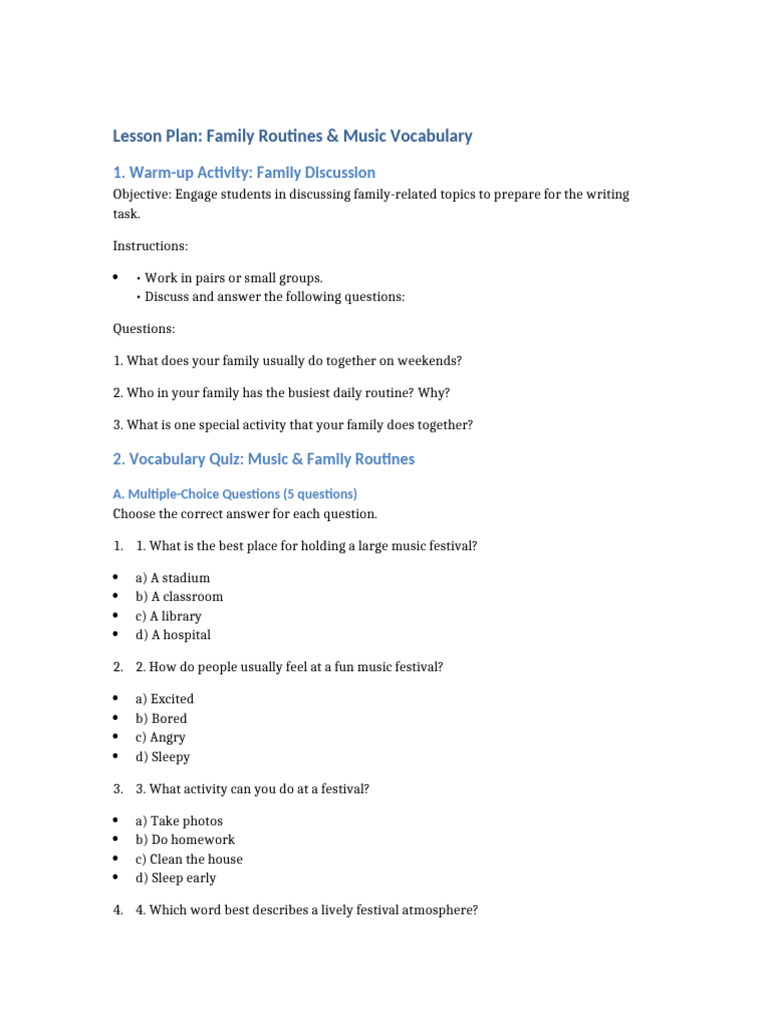 Family Routines and Music Vocabulary Lesson | PDF | Learning | Human ...