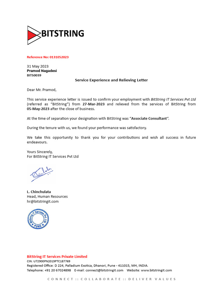 Pramod Nagadesi - BITSTRING-Experience Letter - 31 May 23 | PDF