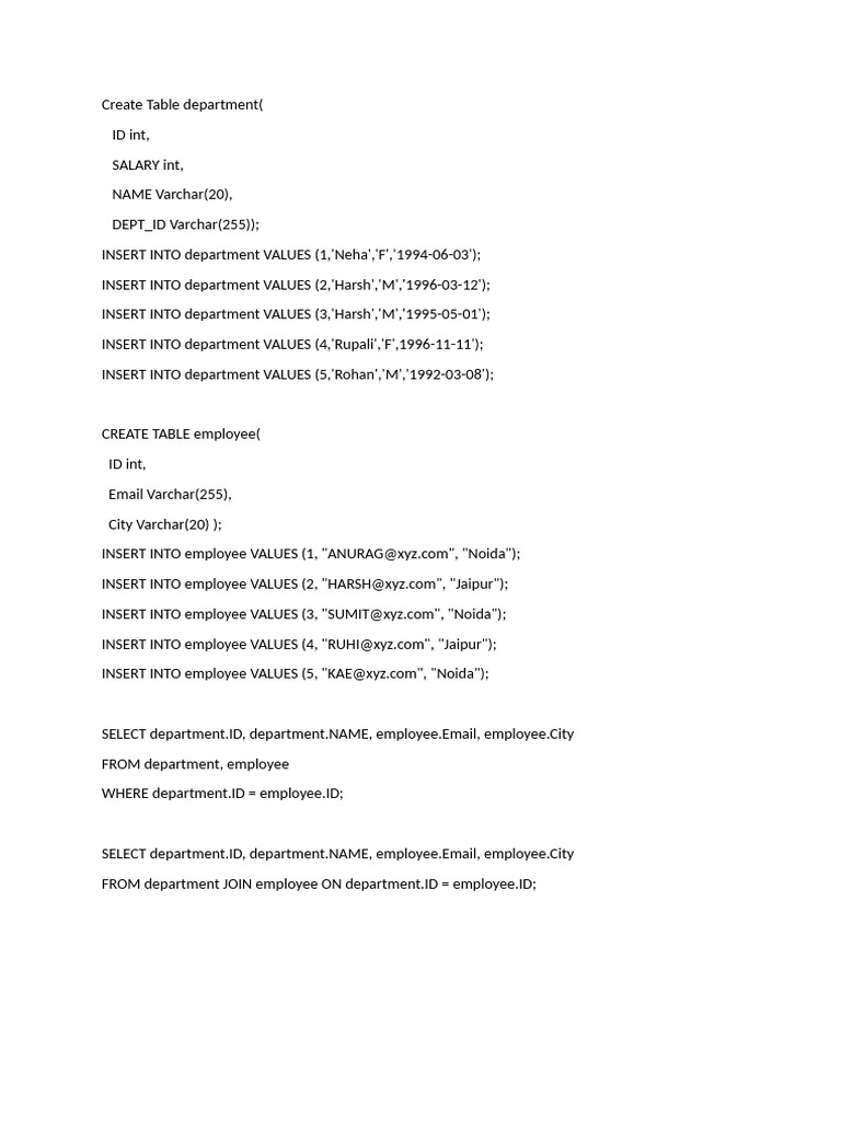 Create Table Department | PDF