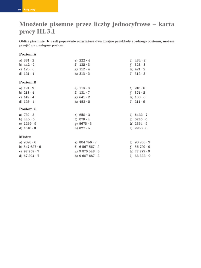 Karty Pracy 4 III 3 Mnozenie Pisemne Przez Liczby Jednocyfrowe Karta III 3 1 | PDF
