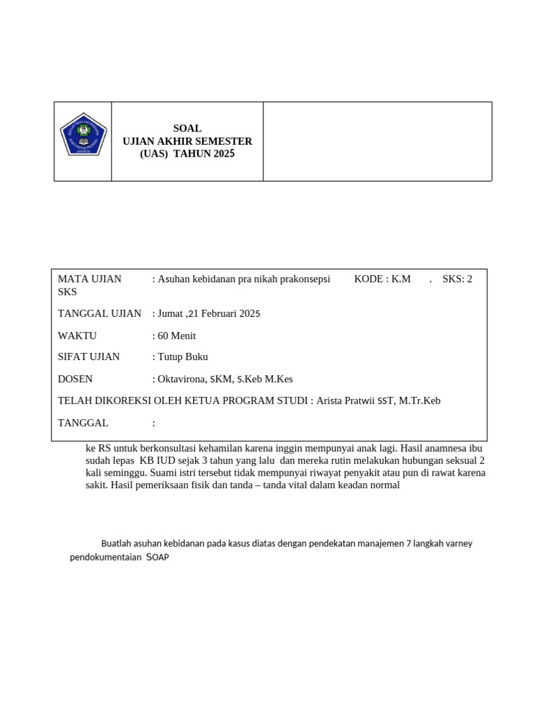 SOAL UAS Askeb Pranikah Dan Prakonsepi | PDF