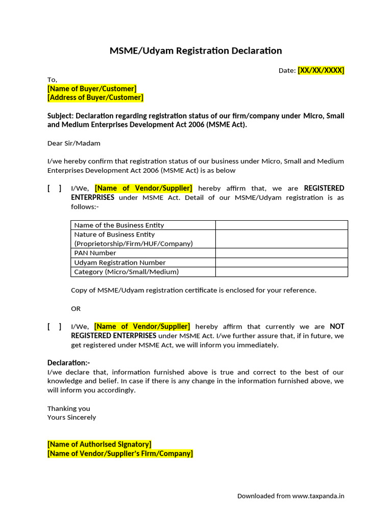 MSME Declaration From Vendor TaxPanda - in | PDF