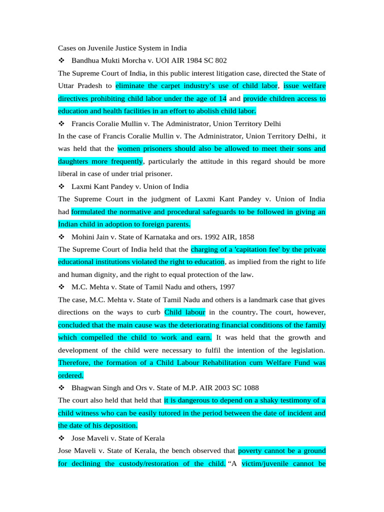 Cases On Juvenile Justice System in India | PDF | Child Labour ...