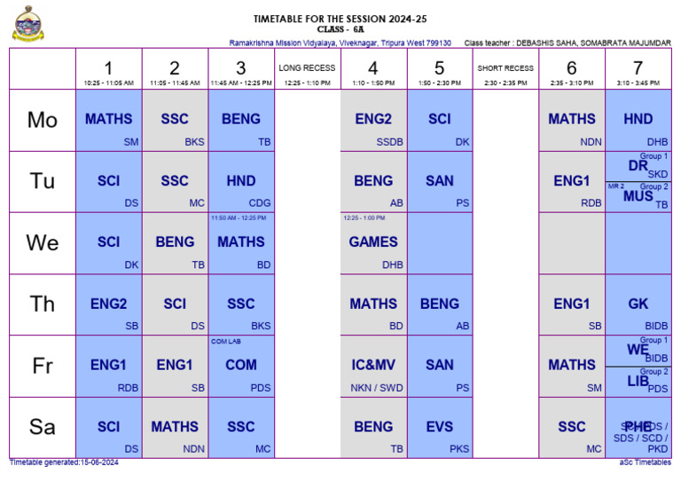 Class 6A Timetable 2024-25 - Ramakrishna Mission | PDF
