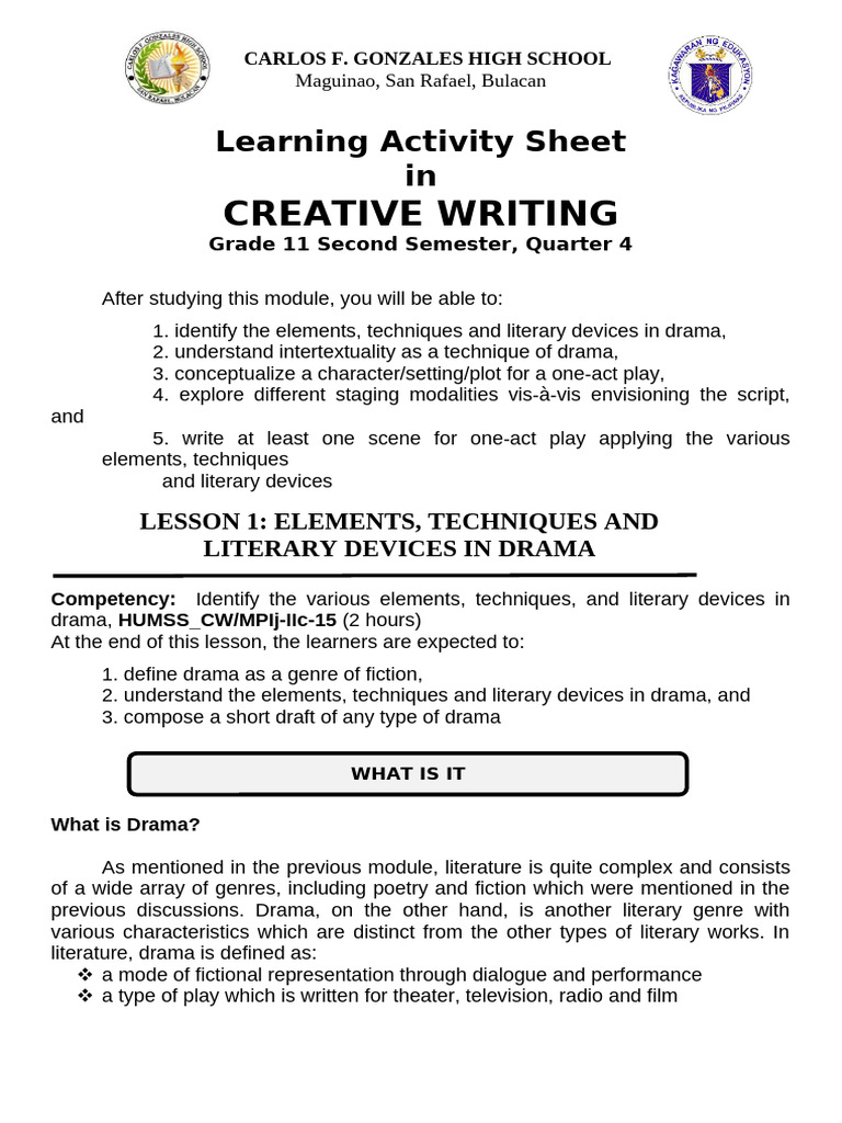 Grade 11 Creative Writing Guide | PDF | Tragedy | Intertextuality