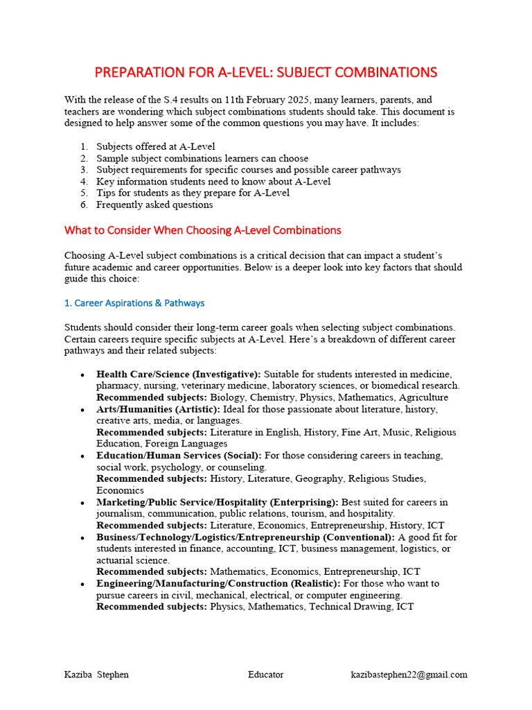 A Level Subject Combinations Guidance by Kaziba Stephen | PDF ...