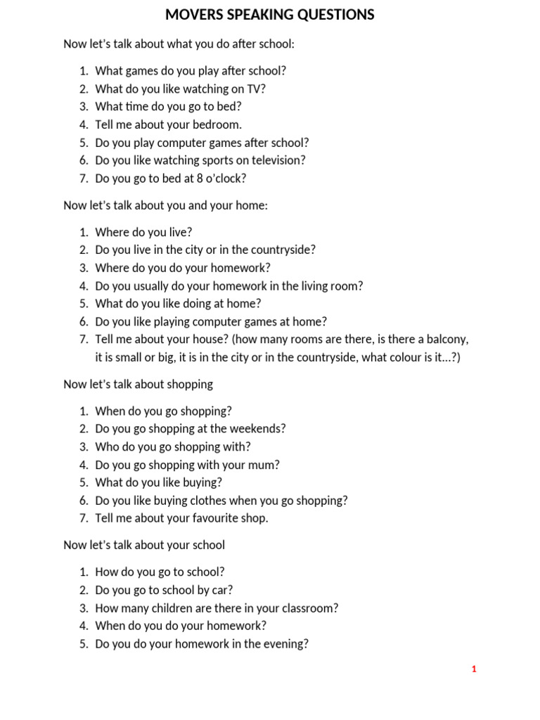 Movers Speaking Questions | PDF