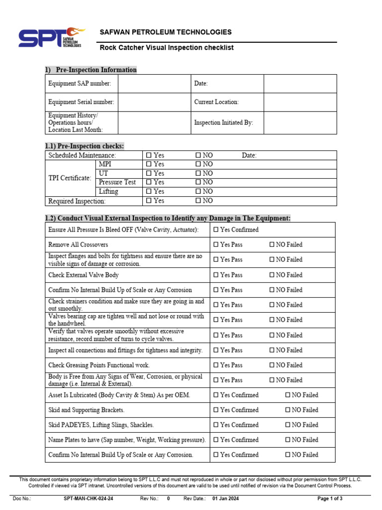 Rock Catcher Inspection Checklist | PDF | Valve | Mechanical Engineering