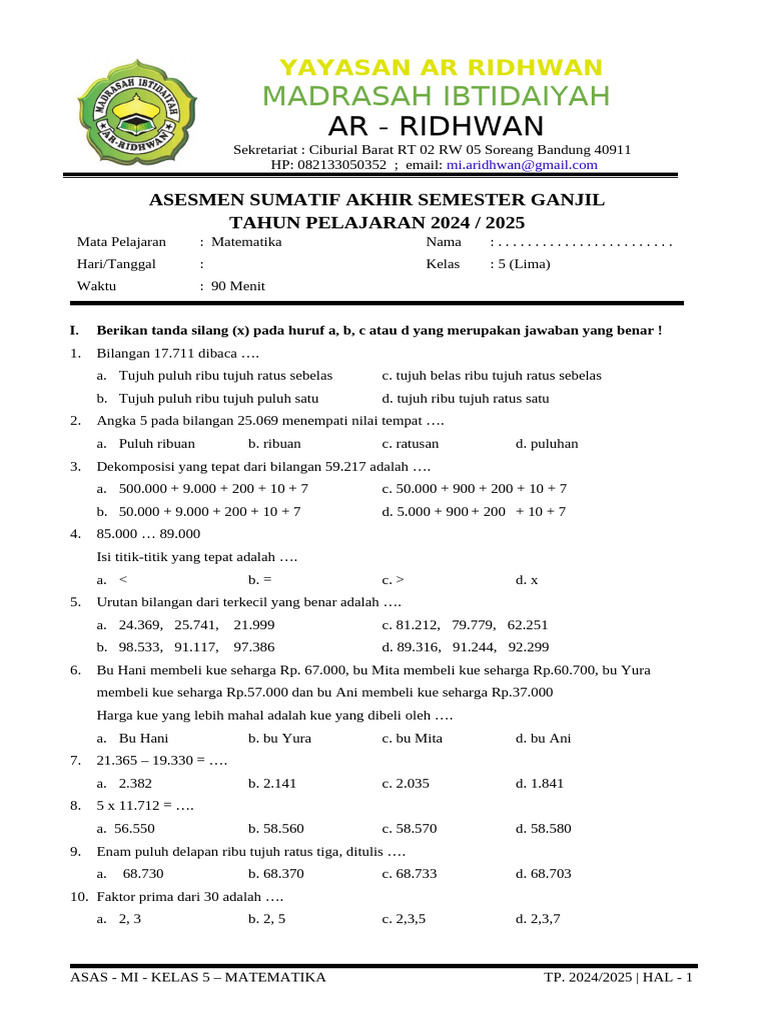 Naskah Soal PAS Kelas 5 - Matematika | PDF