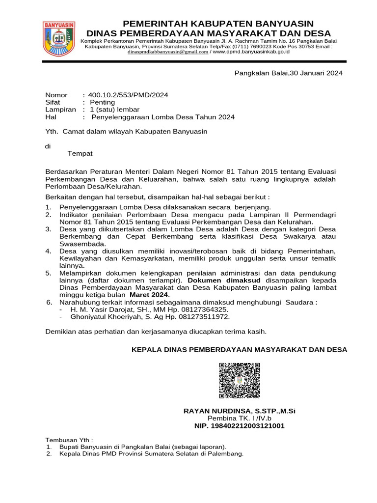 SURAT KEC. LOMBA DESA 2024 | PDF