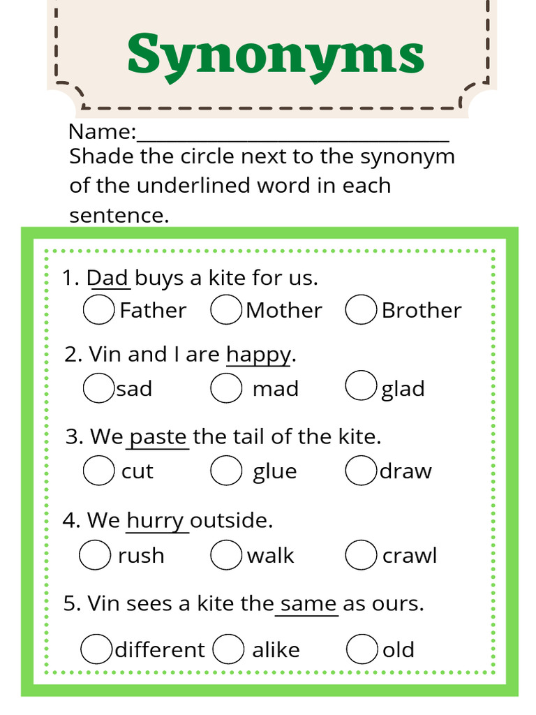 Synonyms Simple English Worksheet | PDF
