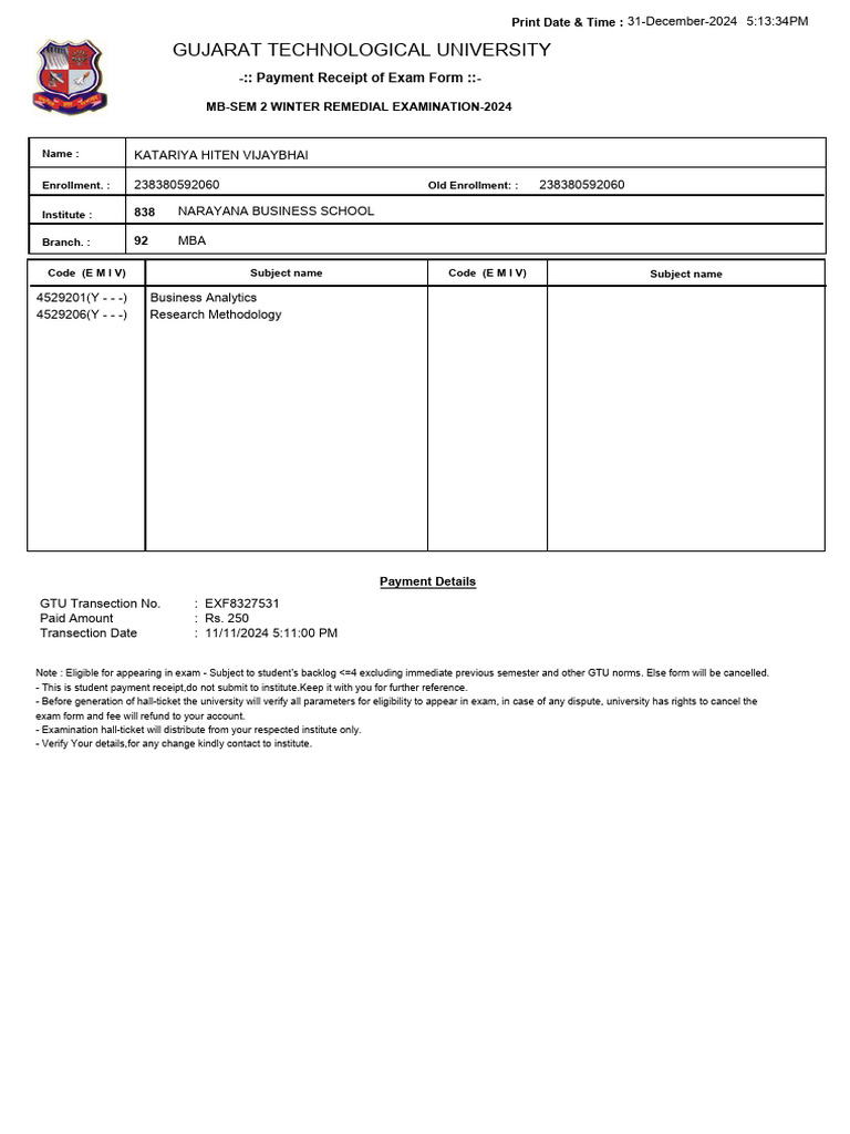 GTU Exam Form Payment Receipt 2024 | PDF