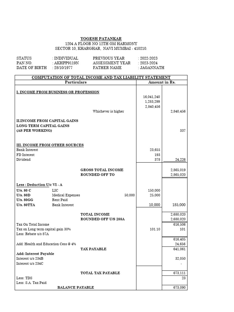Yogesh Patankar FY 2022-2023 Tax Summary | PDF | Taxes | Income