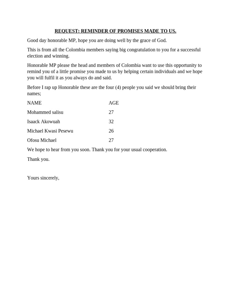 Request: Reminder of Promises Made To Us | PDF