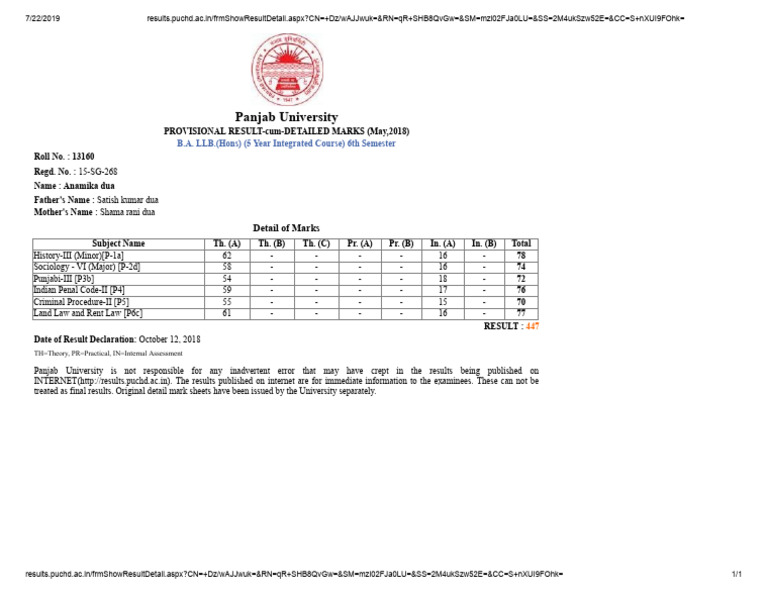 Panjab Univ B.A. LLB 6th Sem Results | PDF