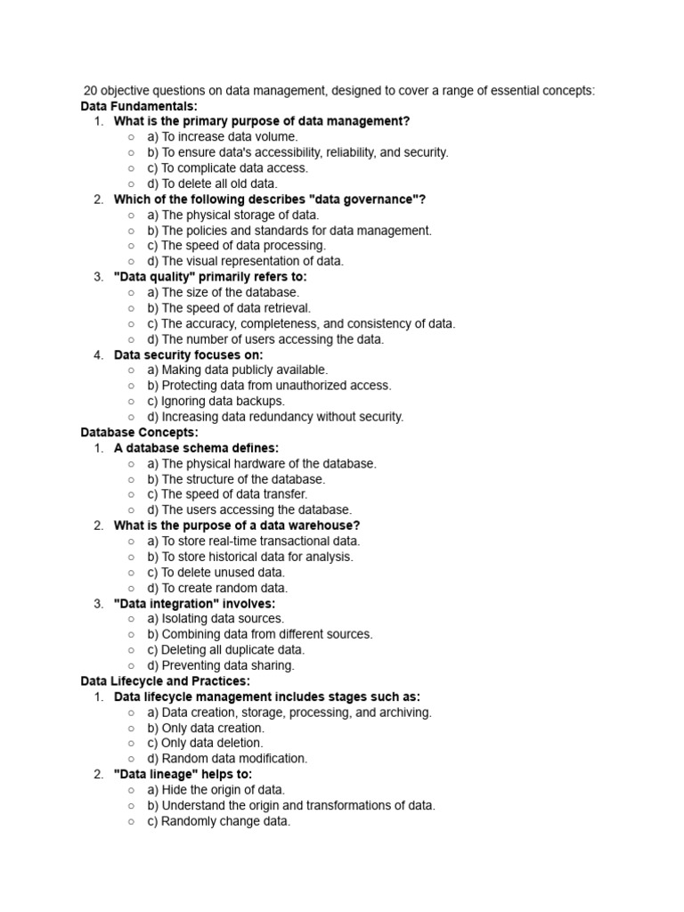 20 Objective Questions on Data Management | PDF | Databases | Data ...