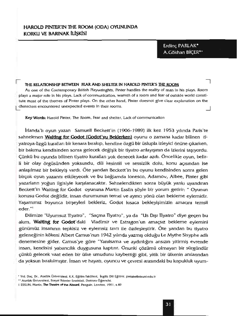 Harold Pinter'in the Room (Oda) Oyununda Korku Ve Barinak __l____k__s ...