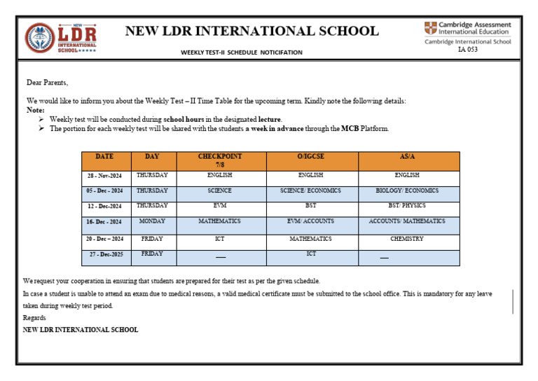 Weekly Test II Schedule Notification | PDF