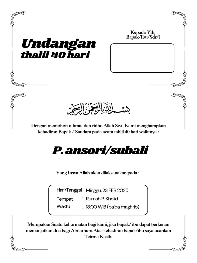 Hitam & Putih Minimalis Undangan Yasin & Tahlil (1) | PDF