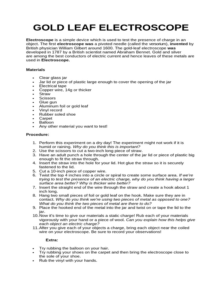 Gold Leaf Electroscope 1 | PDF | Electricity