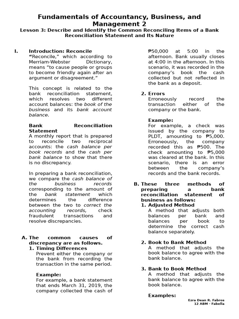 3 - Describe and Identify The Common Reconciling Items of A Bank ...