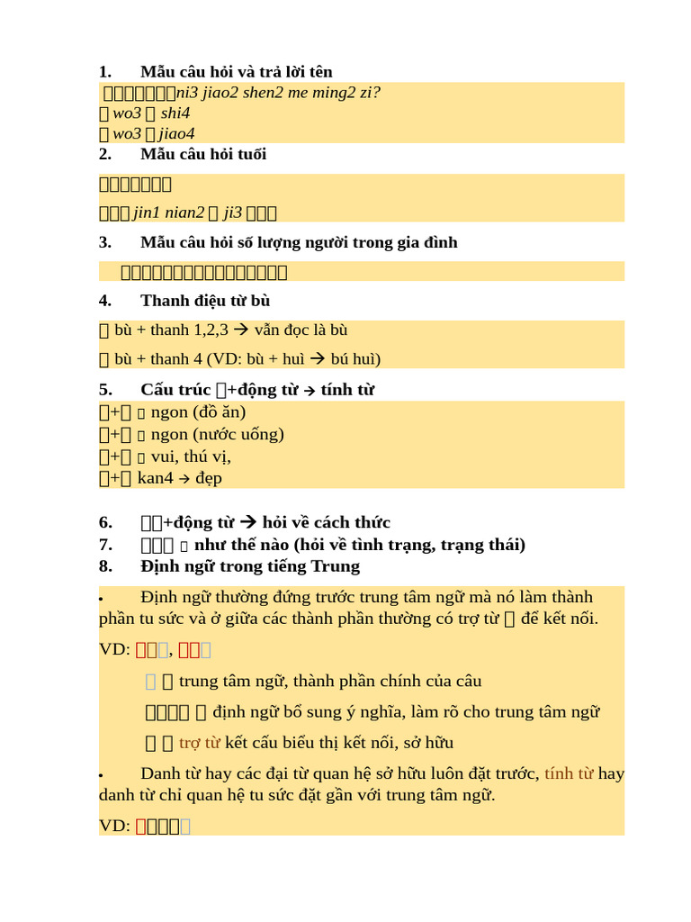 Tổng hợp các cấu trúc câub HSK1 | PDF