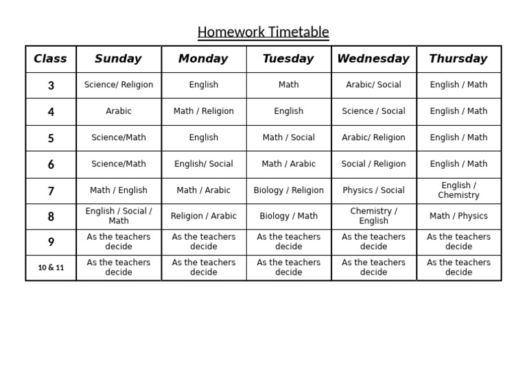 Homework Timetable (M) | PDF