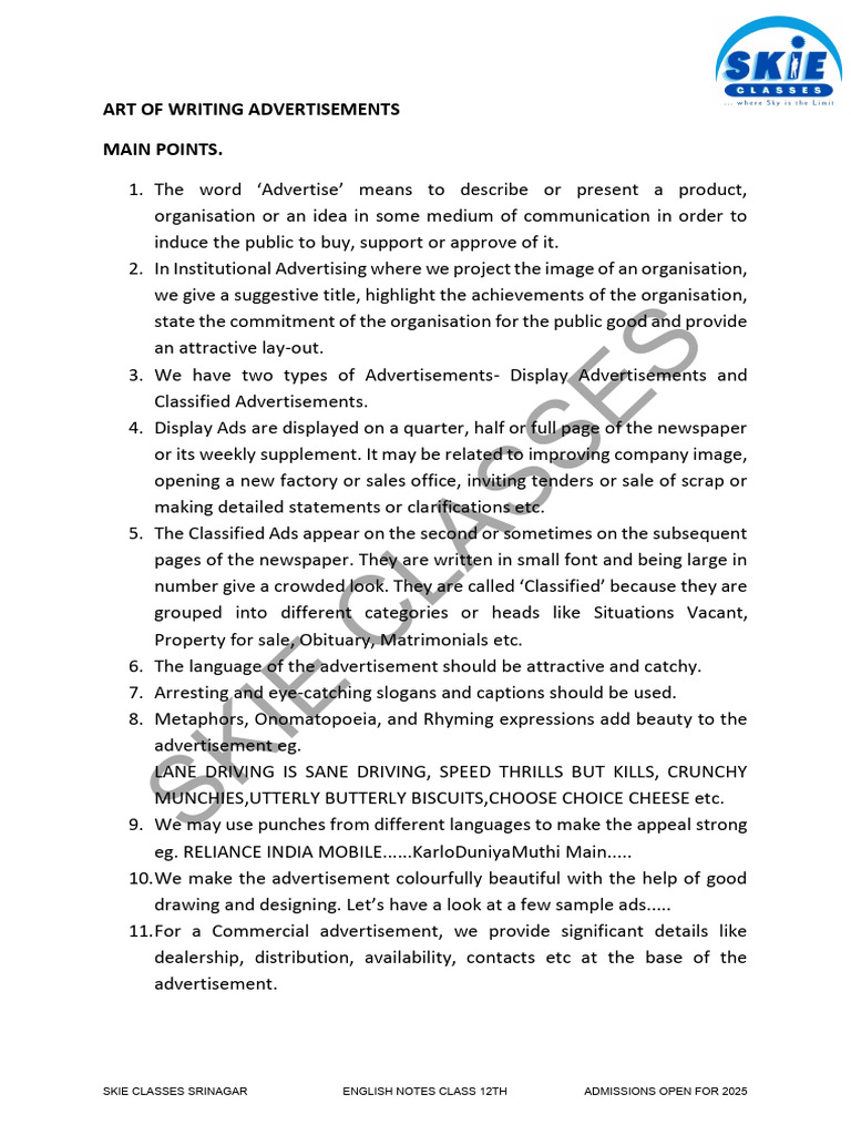 English Notes Class 12th | PDF | Advertising
