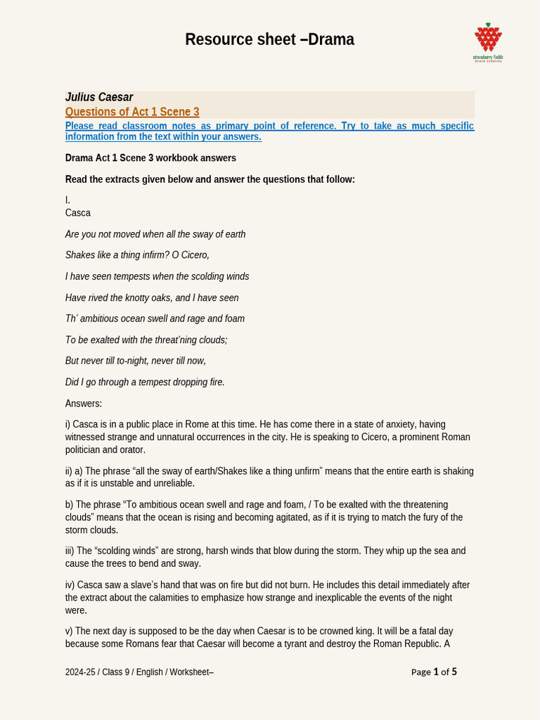 Drama - JC Act I Scene 3 QA | PDF | Julius Caesar | Roman Republic