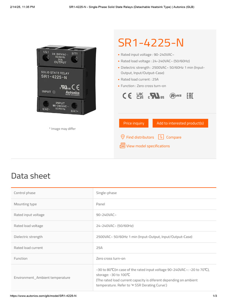 SR1-4225-N - Single-Phase Solid State Relays (Detachable Heatsink Type) - Autonics (GLB) | PDF ...