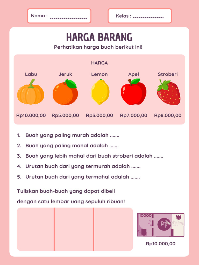 Lembar Kerja Harga Barang Matematika Pink Terang Ilustratif | PDF