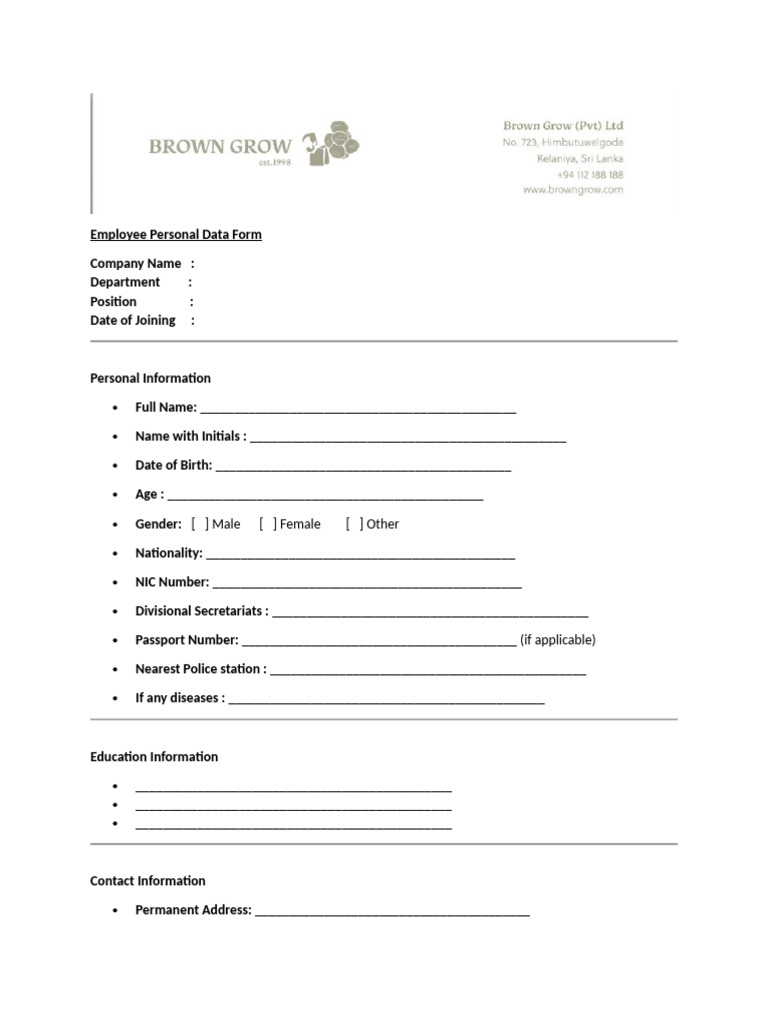 Employee Personal Data Collection Form | PDF