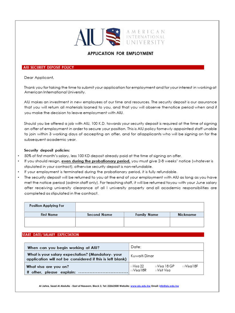 AIU Employment Application 14 | PDF | Employment | Labor