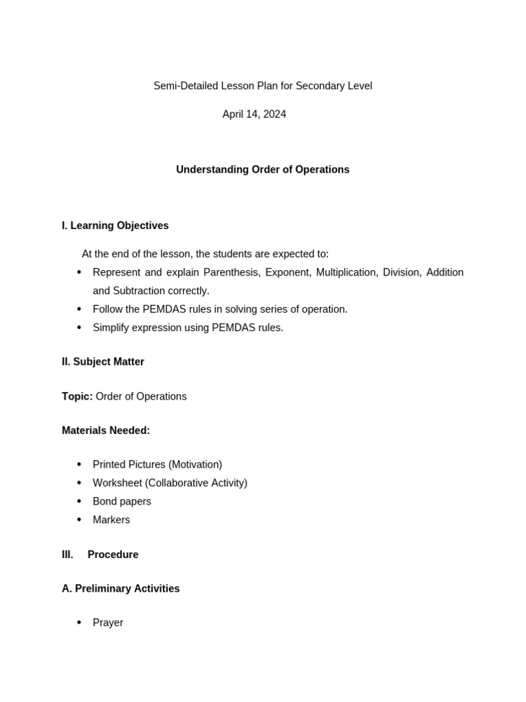 Order of Operations Lesson Plan | PDF | Behavior Modification | Cognition