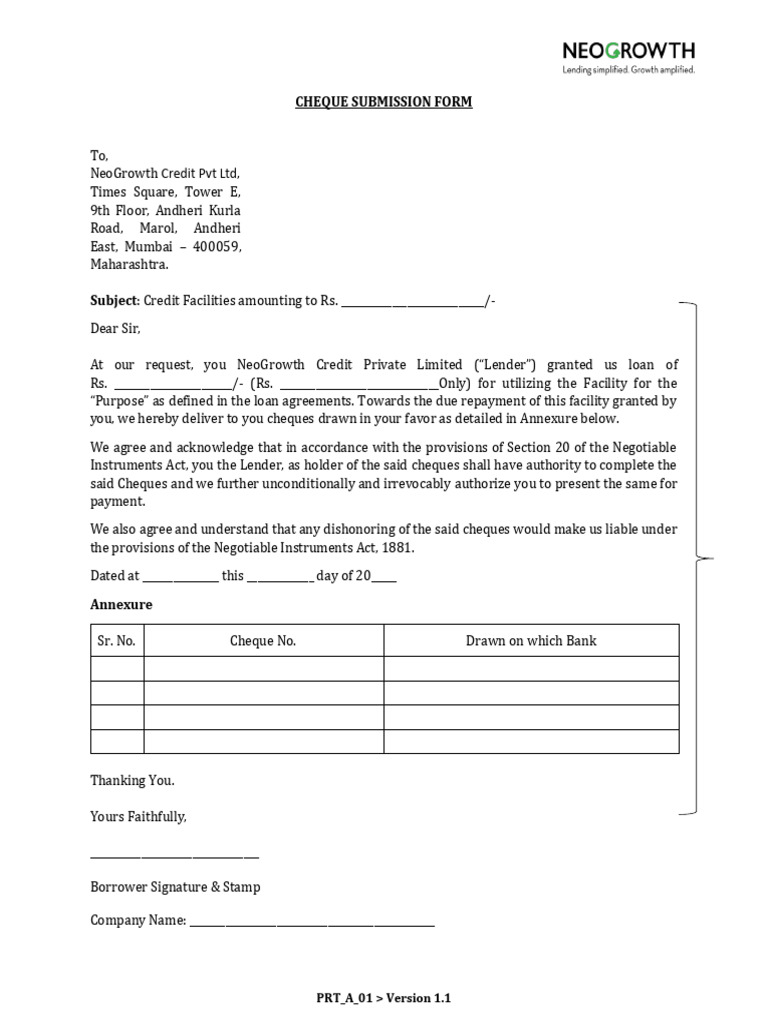 PRT_A_01 Cheque Submission Form_Version 2-2 | PDF