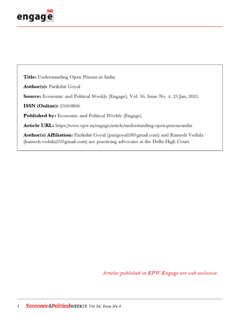 Open Prisons in India: A Reformative Approach | PDF | Prison | Solitary ...