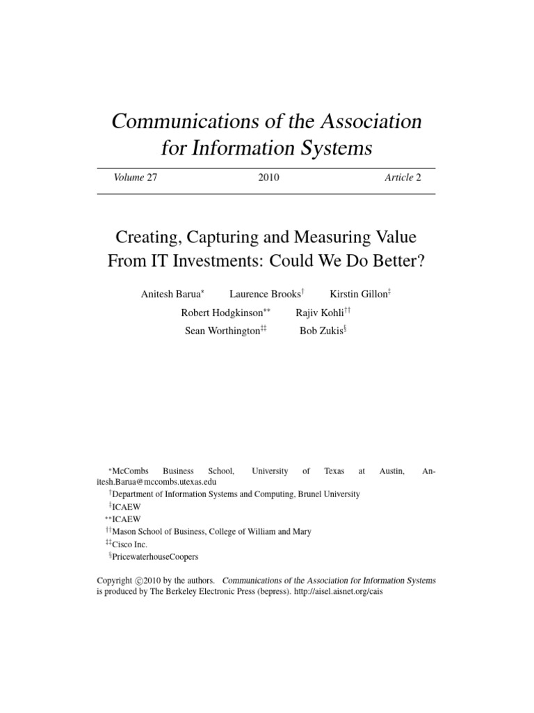 3 - Laurence - Creating - IT Value Panel Final Article - 2010 | PDF ...