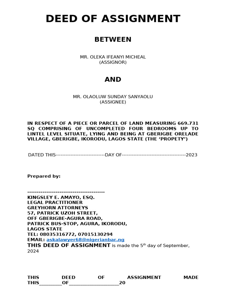 Deed of Assignment | PDF | Assignment (Law) | Law Of Obligations