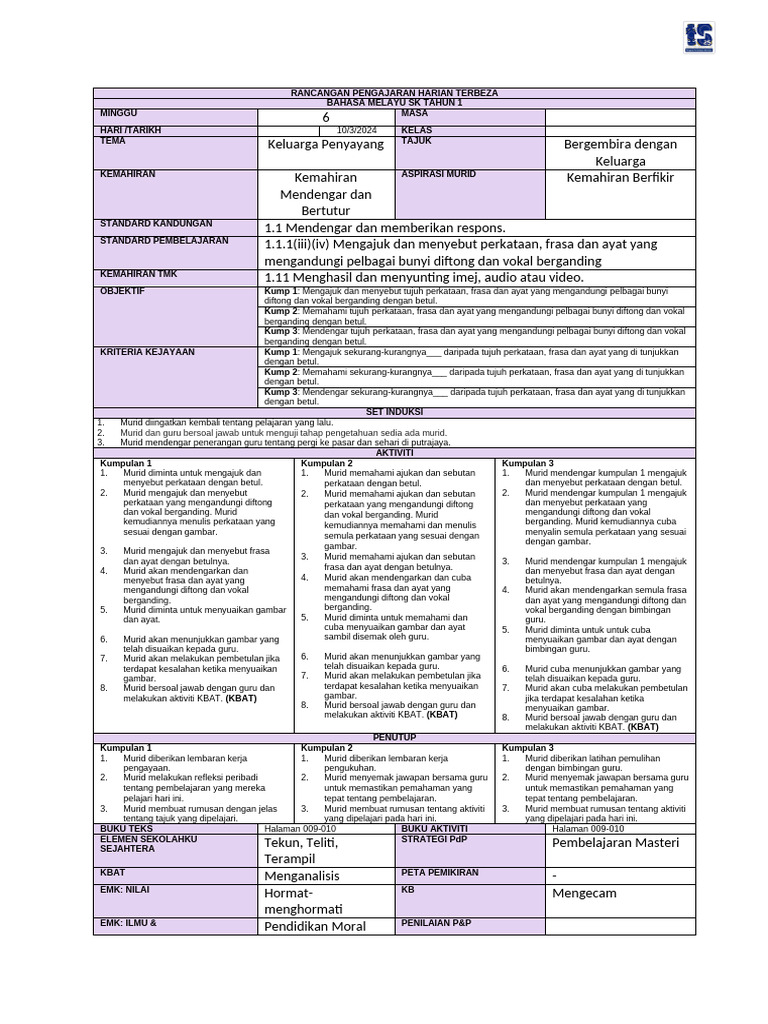 RPH Terbeza Minggu 6 BM SK Tahun 1 by Cikgu Gorgeous | PDF