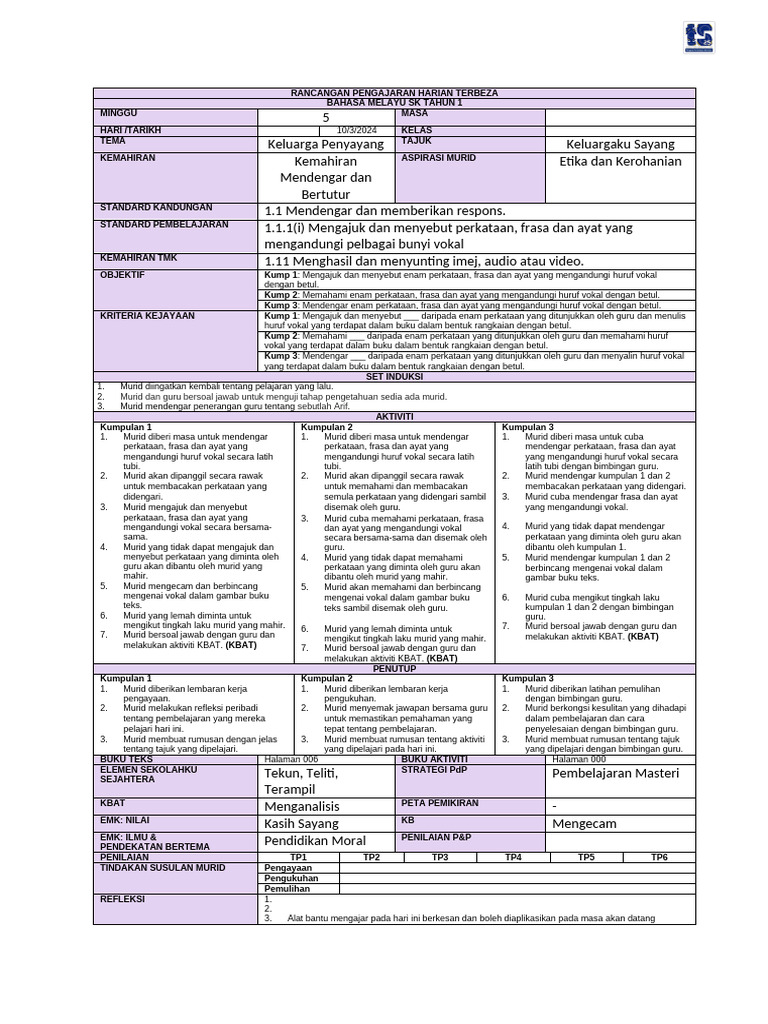 RPH Terbeza Minggu 5 BM SK Tahun 1 by Cikgu Gorgeous | PDF