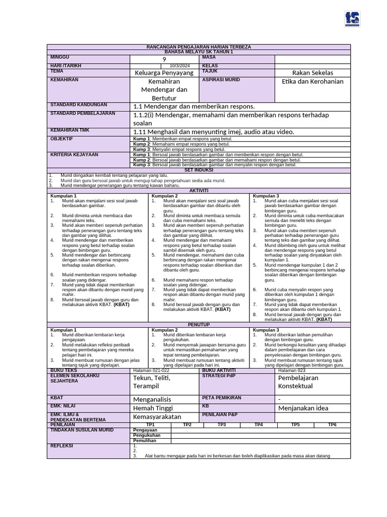 RPH Terbeza Minggu 9 BM SK Tahun 1 by Cikgu Gorgeous | PDF