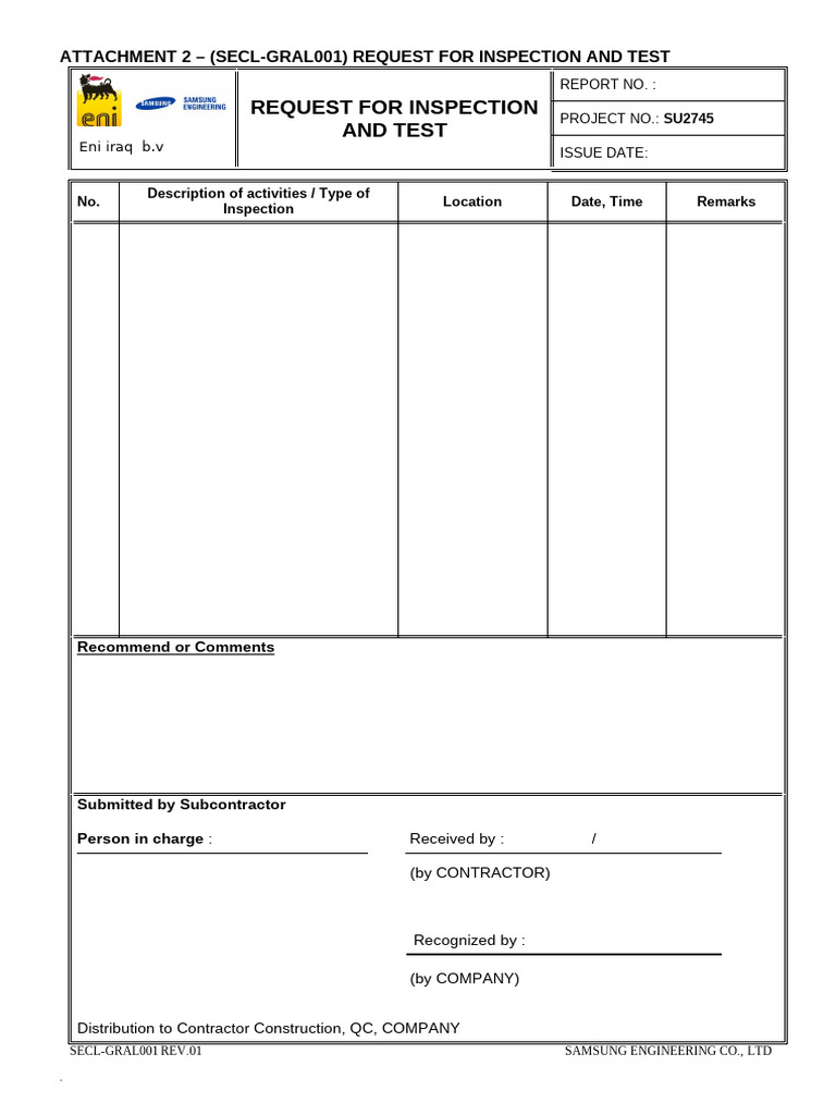 Inspection Request Form for Project SU2745 | PDF